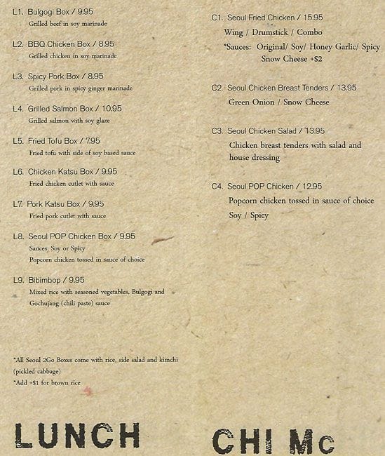 Menu at Seoul 2go restaurant, Fremont