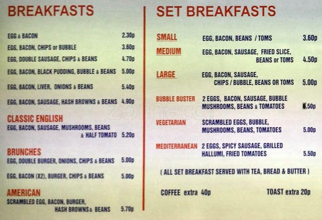 Menu at Bubble & Squeak Cafe, London, 47 Stafford Rd
