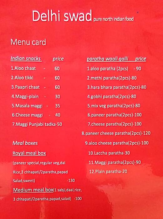 Menu at Delhi Swad, Pune, Rambag Colony
