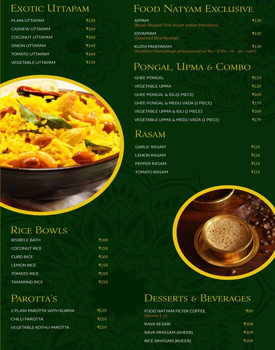 Menu at Food Natyam, New Delhi