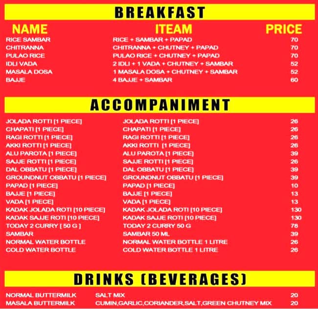 Menu of Shree Sai Rotti Mane, Sarjapur Road, Bangalore