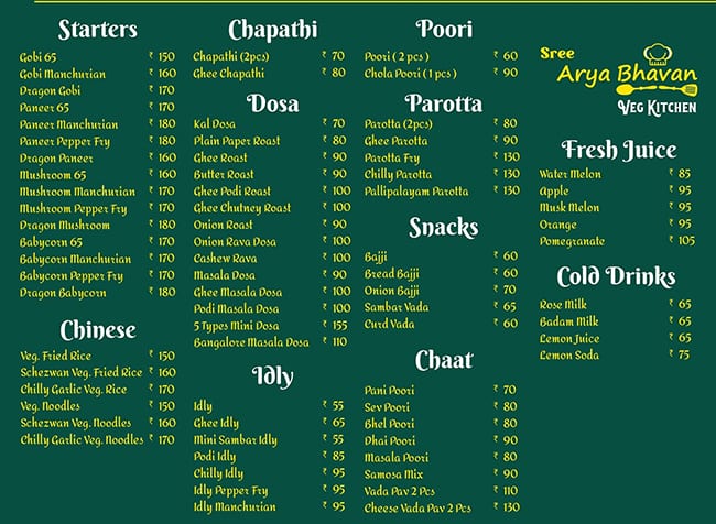 Menu of Sree Arya Bhavan, Alagapuram Pudur, Salem