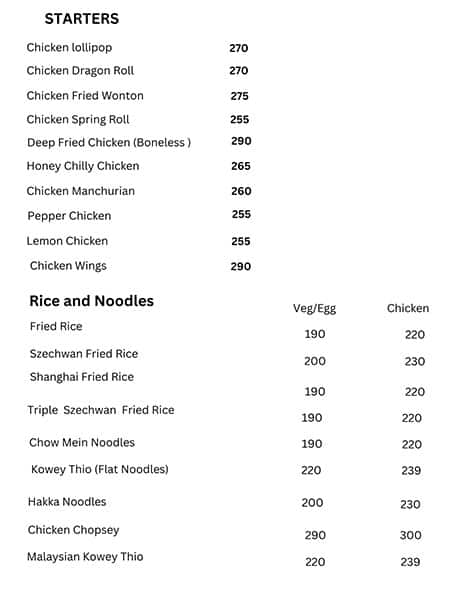 Menu of Yo! China, Indiranagar, Bangalore