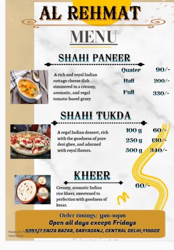 Menu of Al Rehmat Sweets, Daryaganj, New Delhi