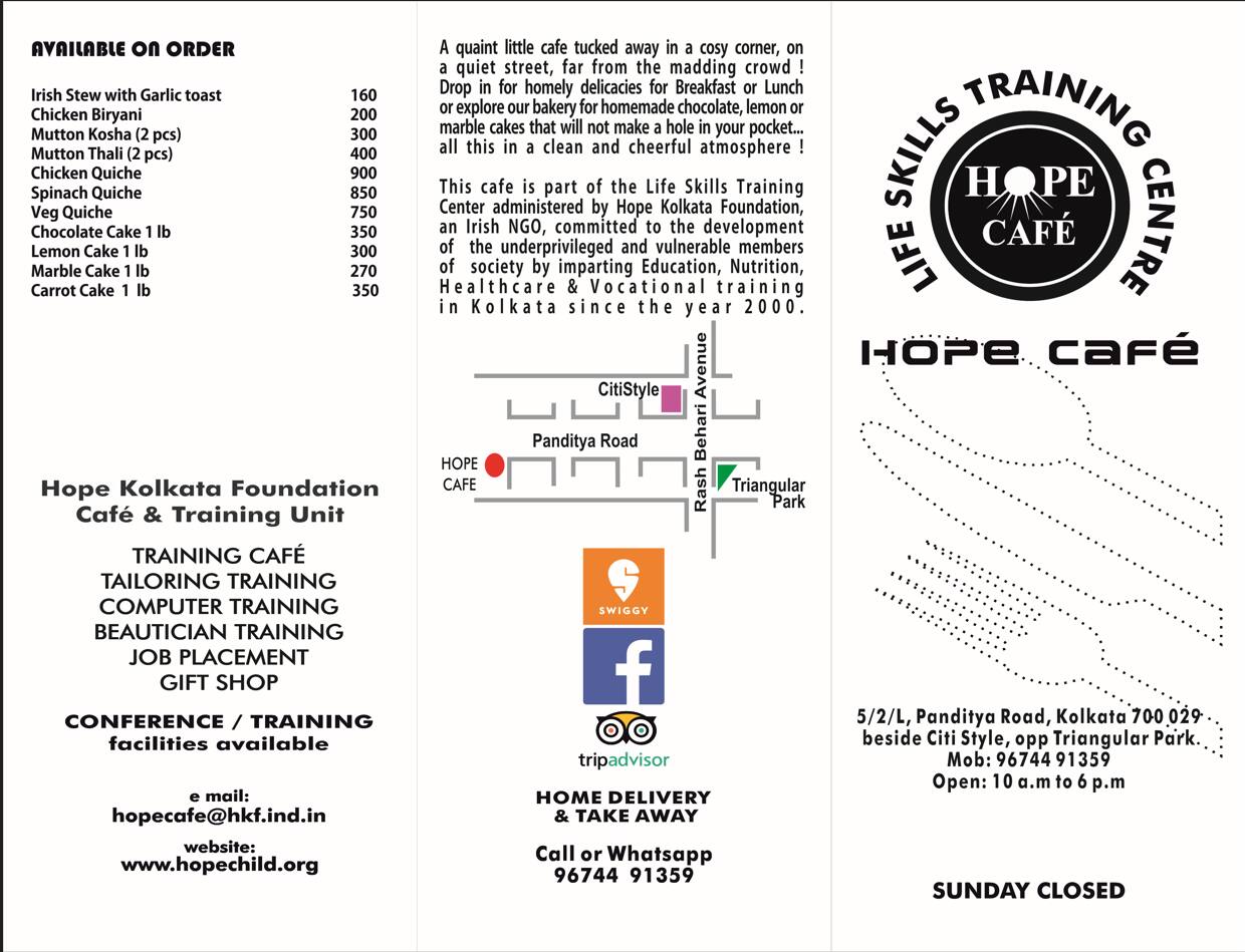 Menu of Hope Cafe, Gariahat, Kolkata