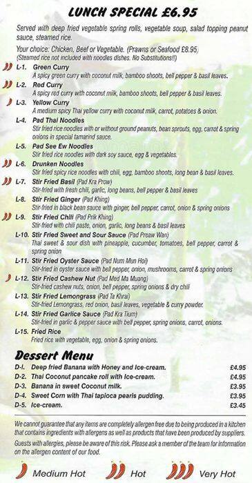 Menu at Thai Lemon restaurant, Pinner