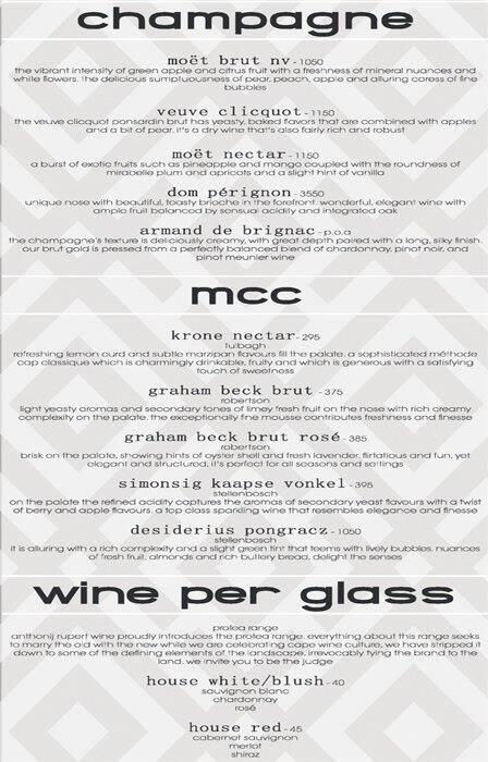 Menu at Central One Bar & Restaurant, Johannesburg