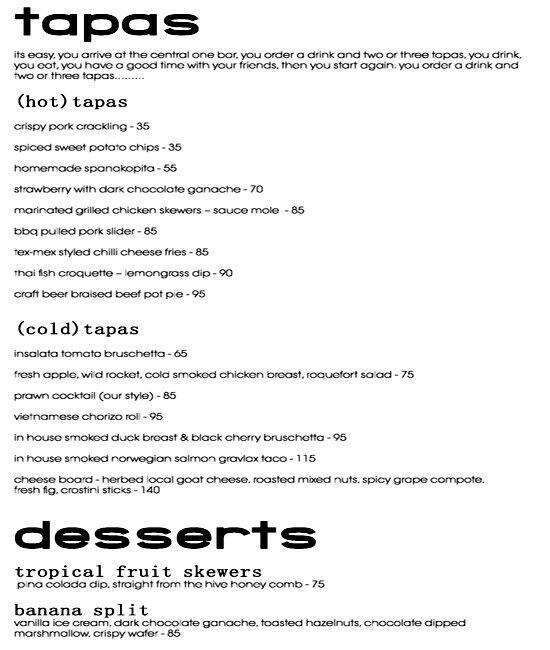 Menu at Central One Bar & Restaurant, Johannesburg