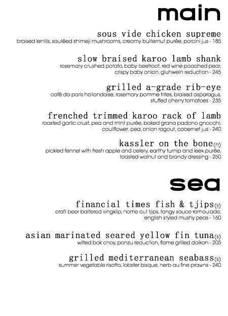 Menu at Central One Bar & Restaurant, Johannesburg