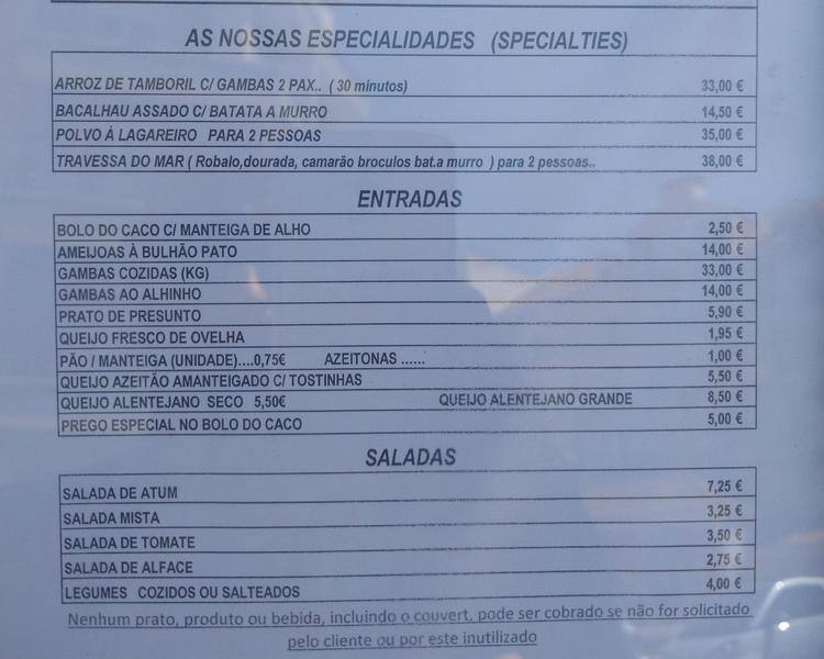 Menu at Restaurante Monte Alto, Lisbon