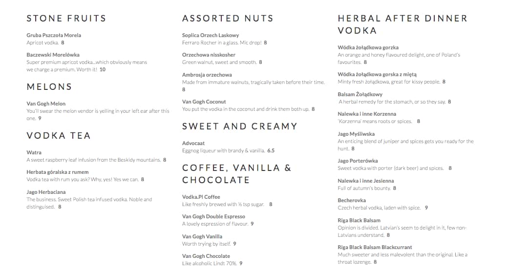 Menu at After The Tears Vodka Bar, Elsternwick