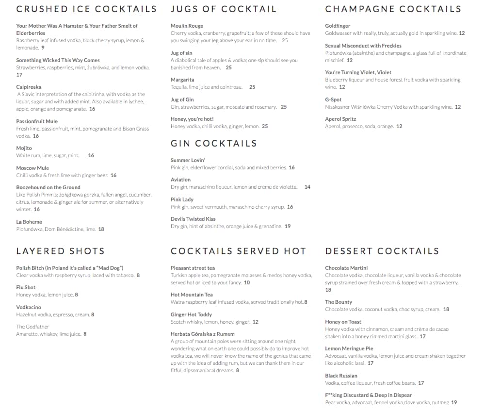 Menu at After The Tears Vodka Bar, Elsternwick