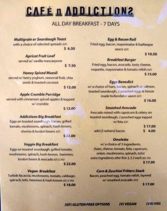 Menu at Cafe n Addictions, Ivanhoe