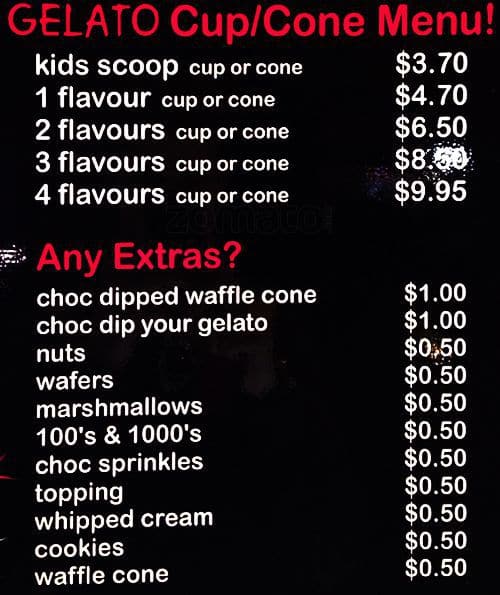 Menu at The Gelato Shop desserts, Broadbeach