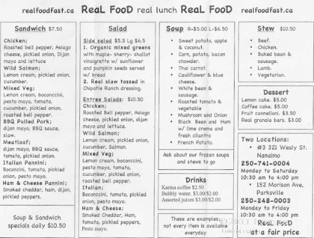 Real Food Menu, Menu for Real Food, Downtown Nanaimo, Downtown Nanaimo ...