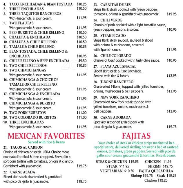 Menu at Playa Azul restaurant, Puyallup