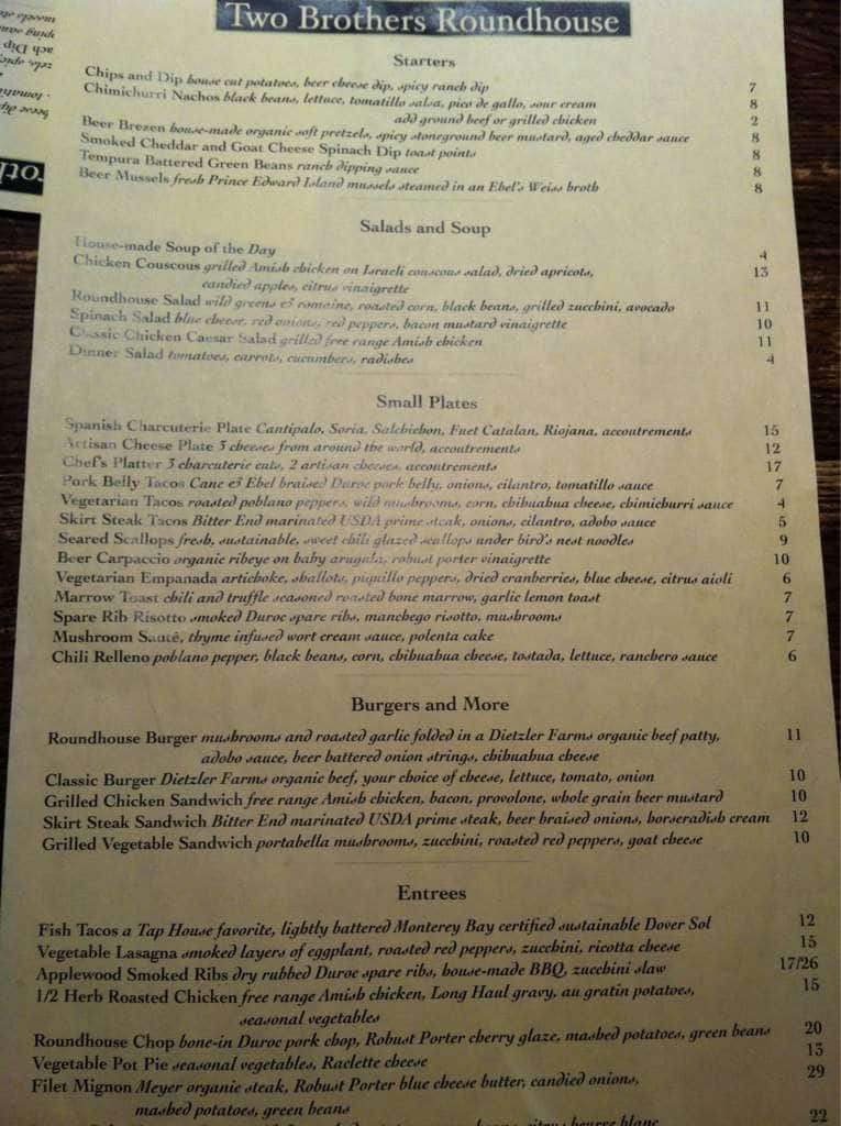 Menu at Two Brothers Roundhouse pub & bar, Aurora, 205 N Broadway