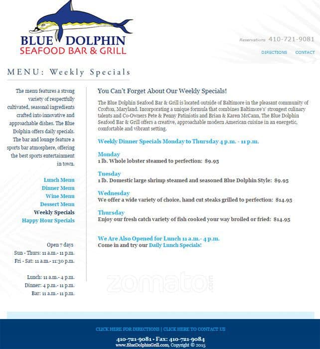 Menu at Blue Dolphin Seafood Bar & Grill, Crofton, MD-3 North