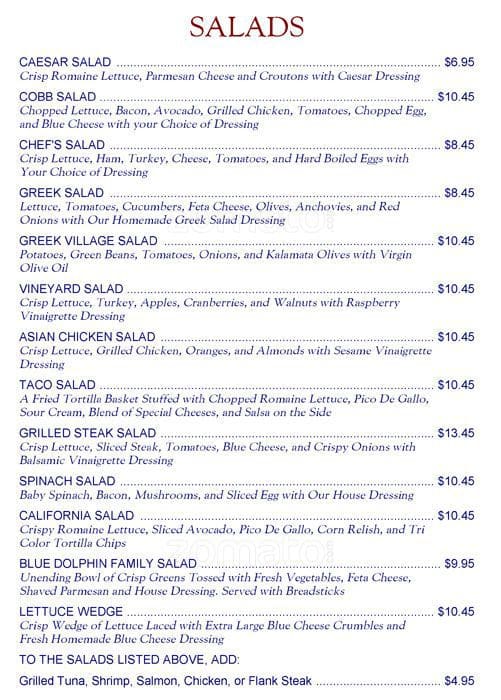 Menu at Blue Dolphin Seafood Bar & Grill, Crofton, MD-3 North