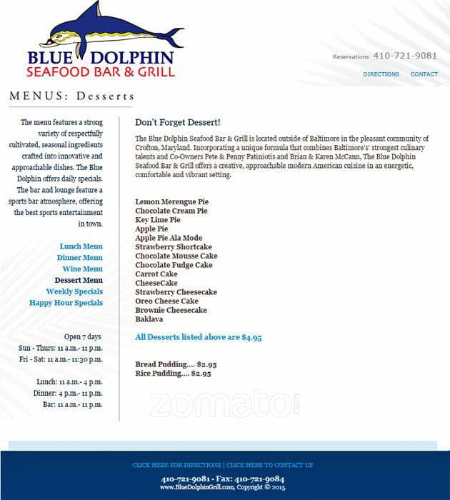 Menu at Blue Dolphin Seafood Bar & Grill, Crofton, MD-3 North
