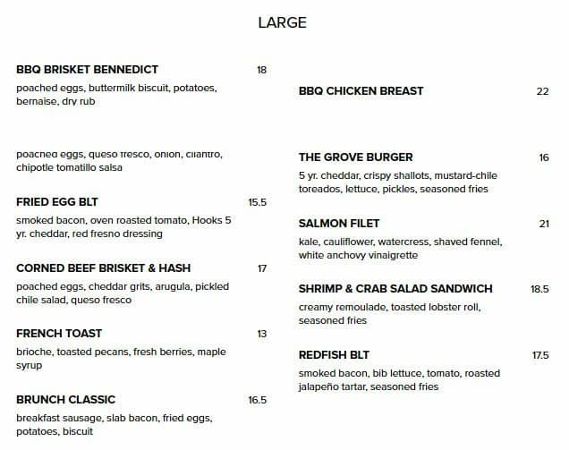 Menu at The Grove restaurant, Houston, Lamar St
