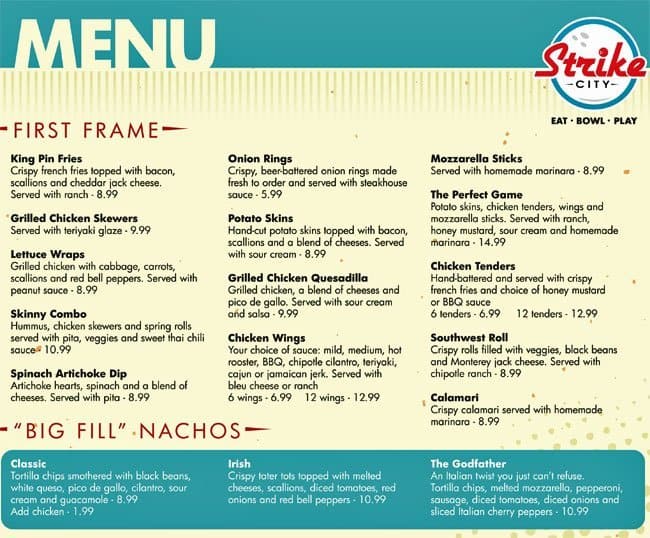 Menu at Strike City pub & bar, Charlotte