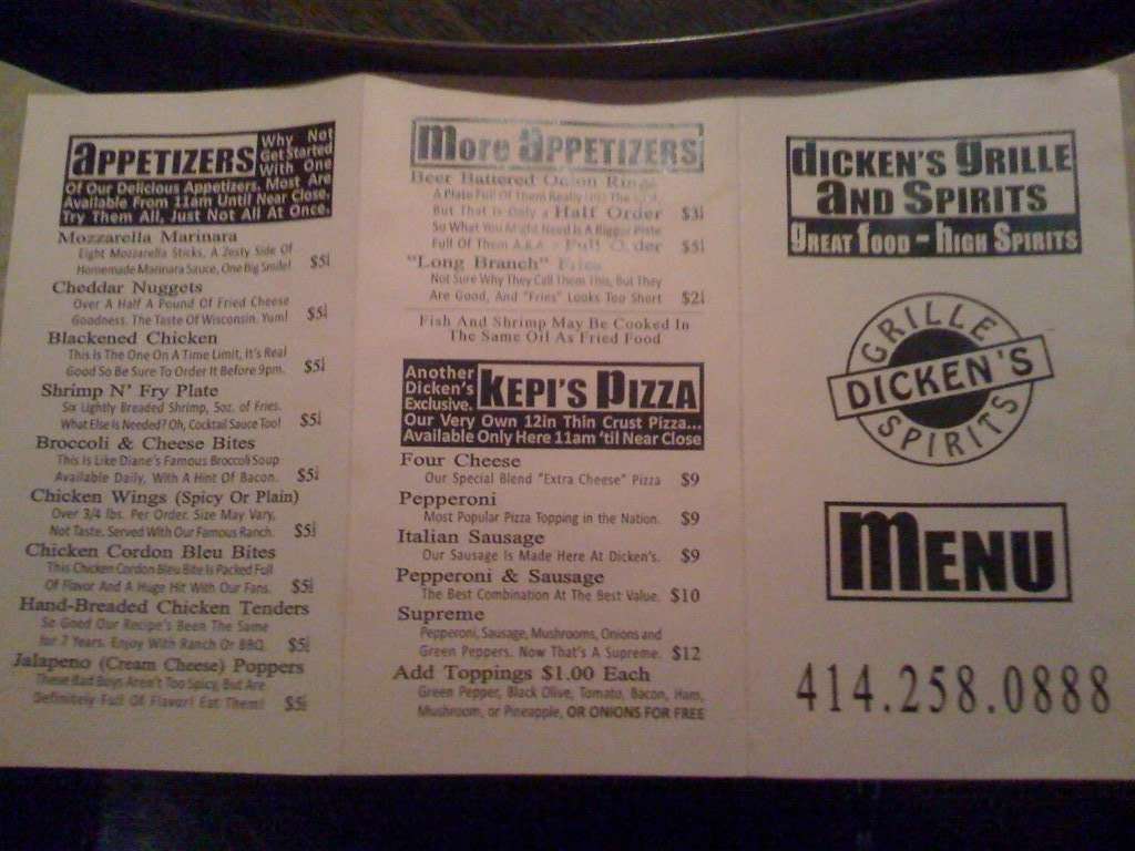 Menu at Dickens Grille & Spirits pub & bar, West Allis