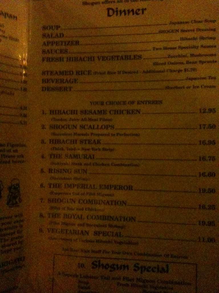Menu at Shogun Steak House of Japan steakhouse, Oklahoma City