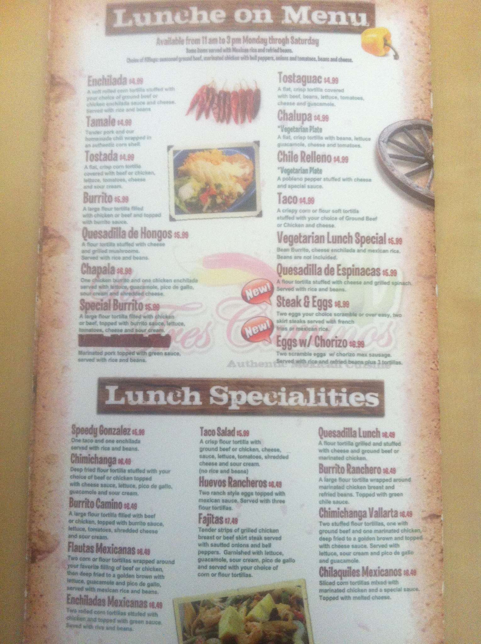 Menu at Los Tres Caminos restaurant, Evansville