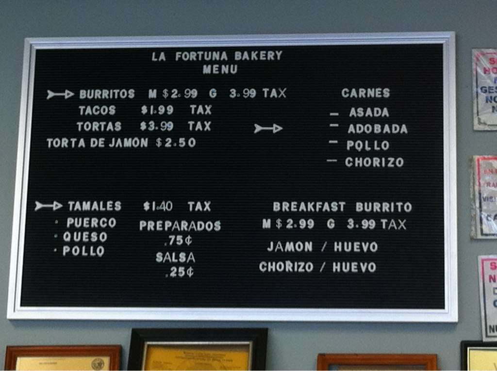 Menu at La Fortuna Bakery, Castroville