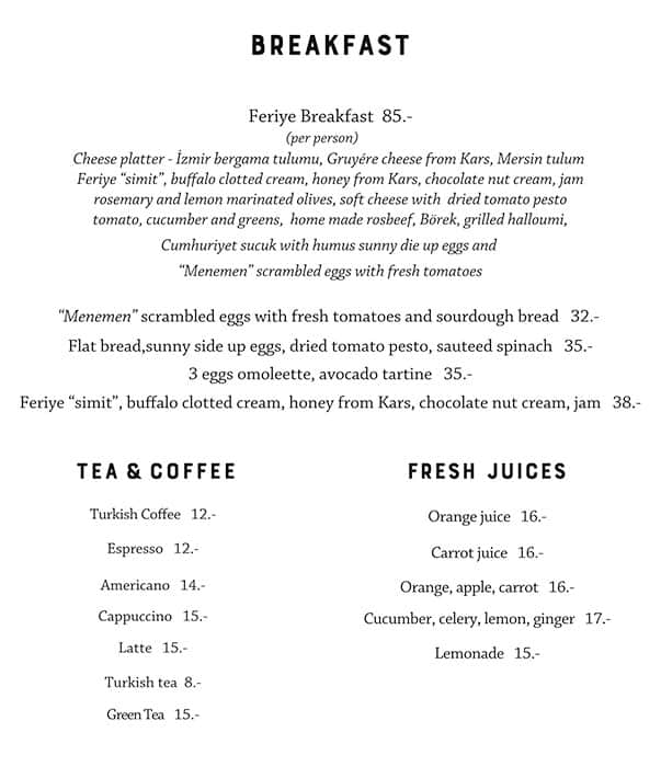 Menu at Kult Feriye, Istanbul