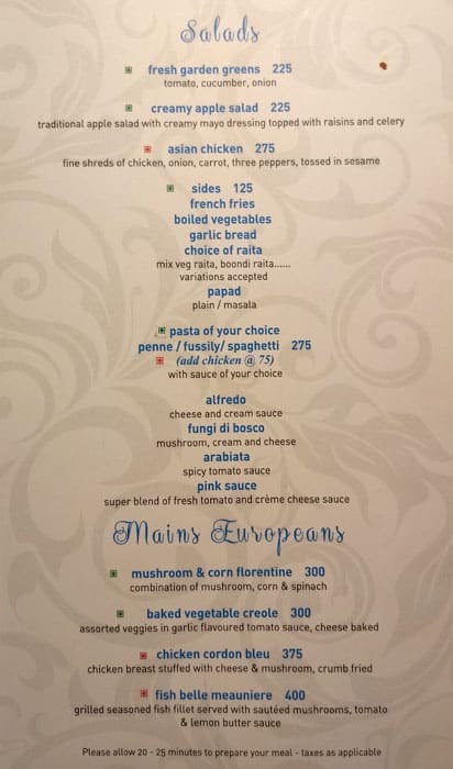 Menu at Medley Bakers, India