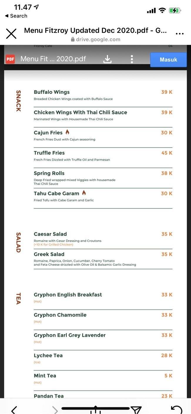 Menu at Fitzroy Cafe, Bandung