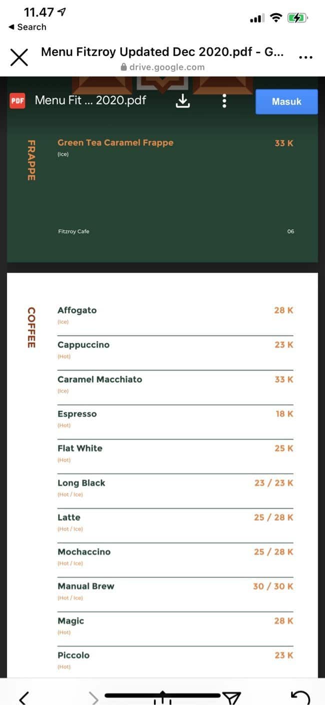 Menu at Fitzroy Cafe, Bandung