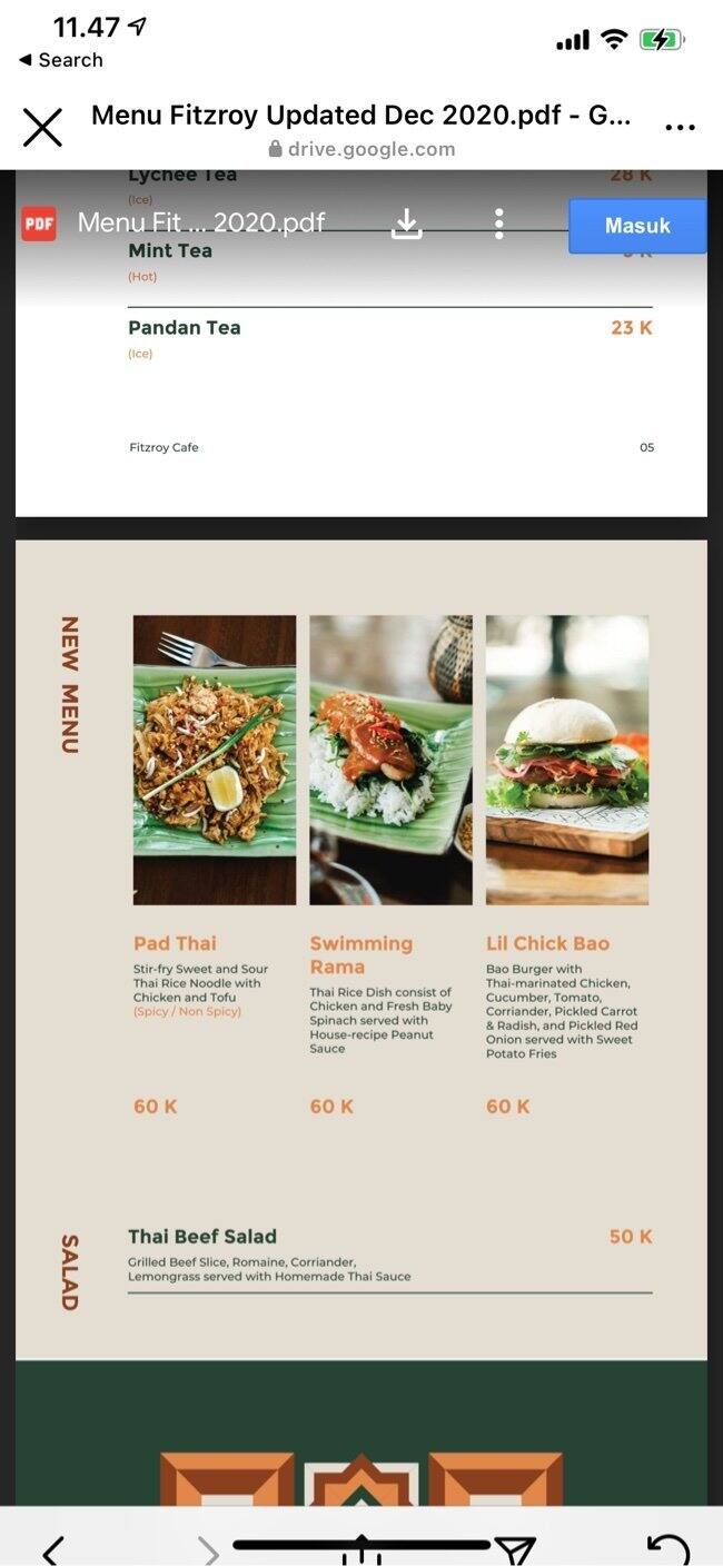 Menu at Fitzroy Cafe, Bandung