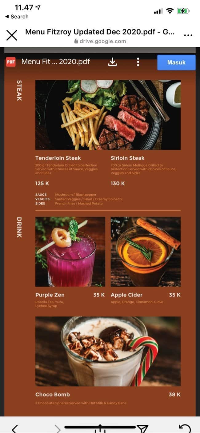 Menu at Fitzroy Cafe, Bandung