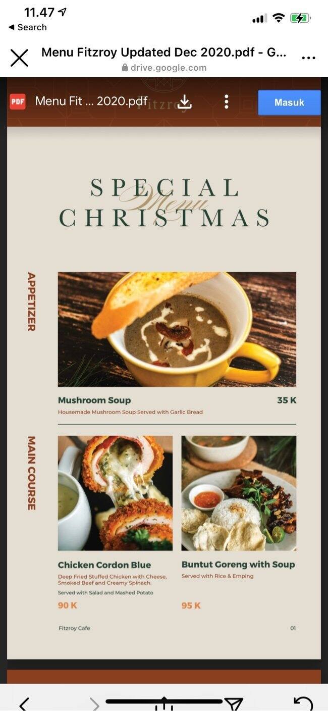 Menu at Fitzroy Cafe, Bandung