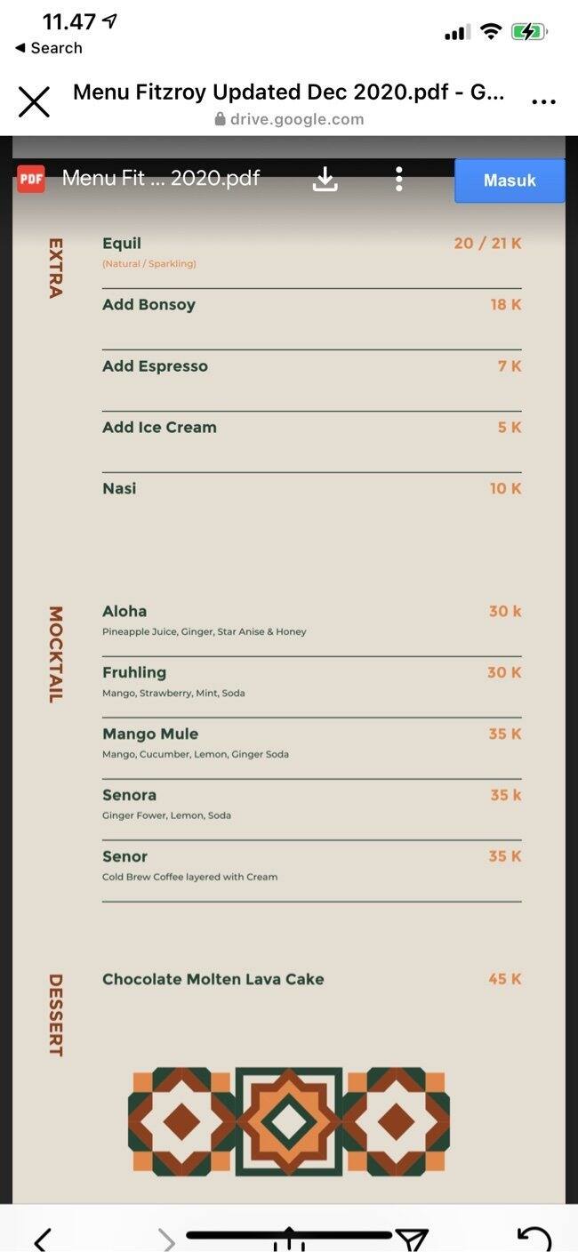 Menu at Fitzroy Cafe, Bandung