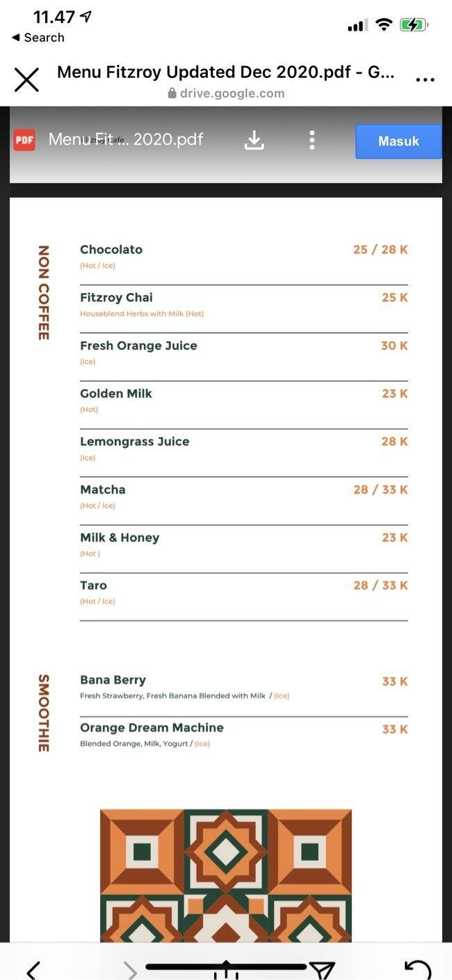 Menu at Fitzroy Cafe, Bandung