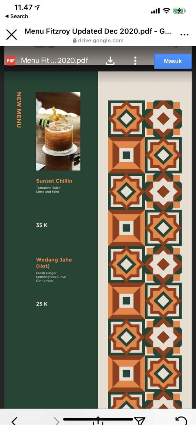 Menu at Fitzroy Cafe, Bandung