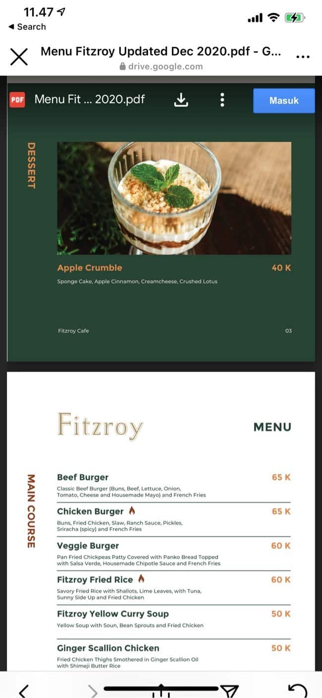 Menu at Fitzroy Cafe, Bandung