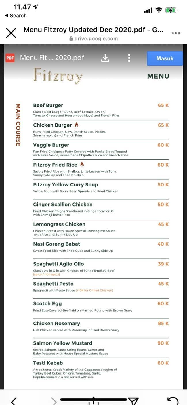 Menu at Fitzroy Cafe, Bandung