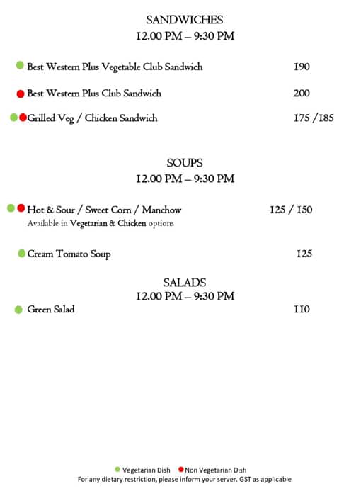 Menu of Best Western Plus Tejvivaan, Dondaparithy, Vizag