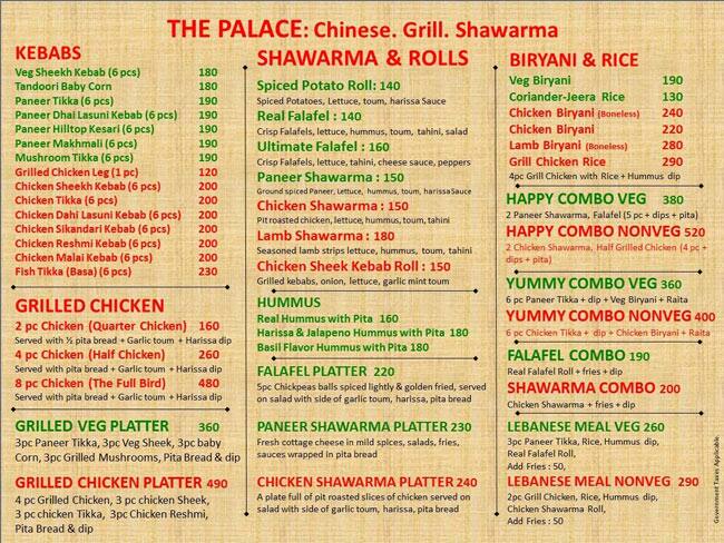 Menu of The Palace, Fatima Nagar, Pune
