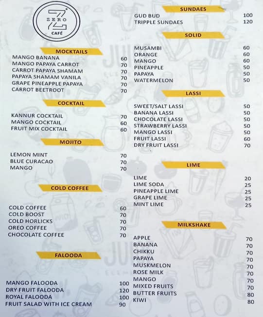 Menu at Zero Cafe, Bengaluru