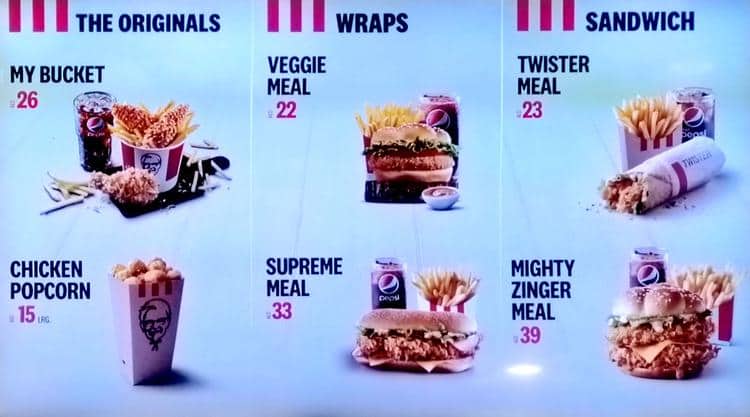 Menu of KFC, Deira City Centre Area, Dubai