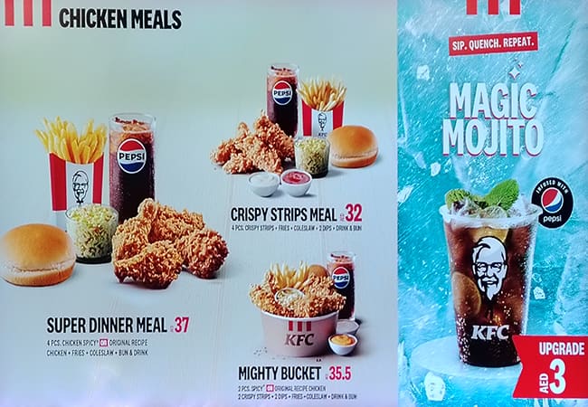 Menu of KFC, The Villas, Dubai
