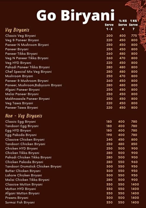 Menu of Go Biryani, Vasai, Mumbai