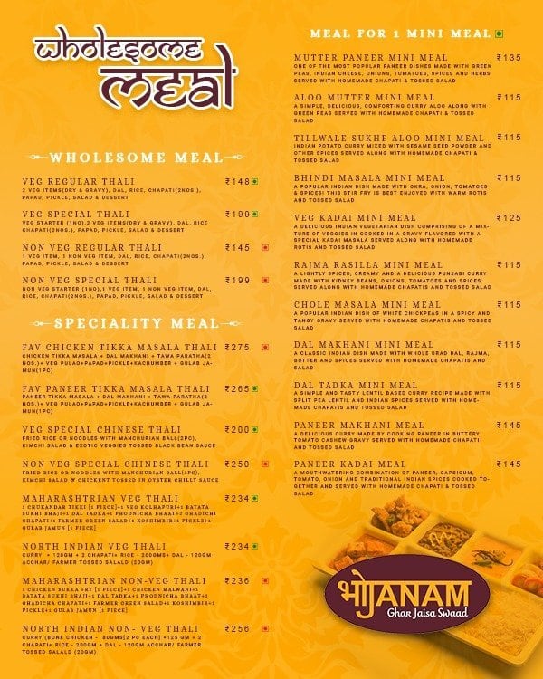 Menu of Bhojanam, Thuraipakkam, Chennai