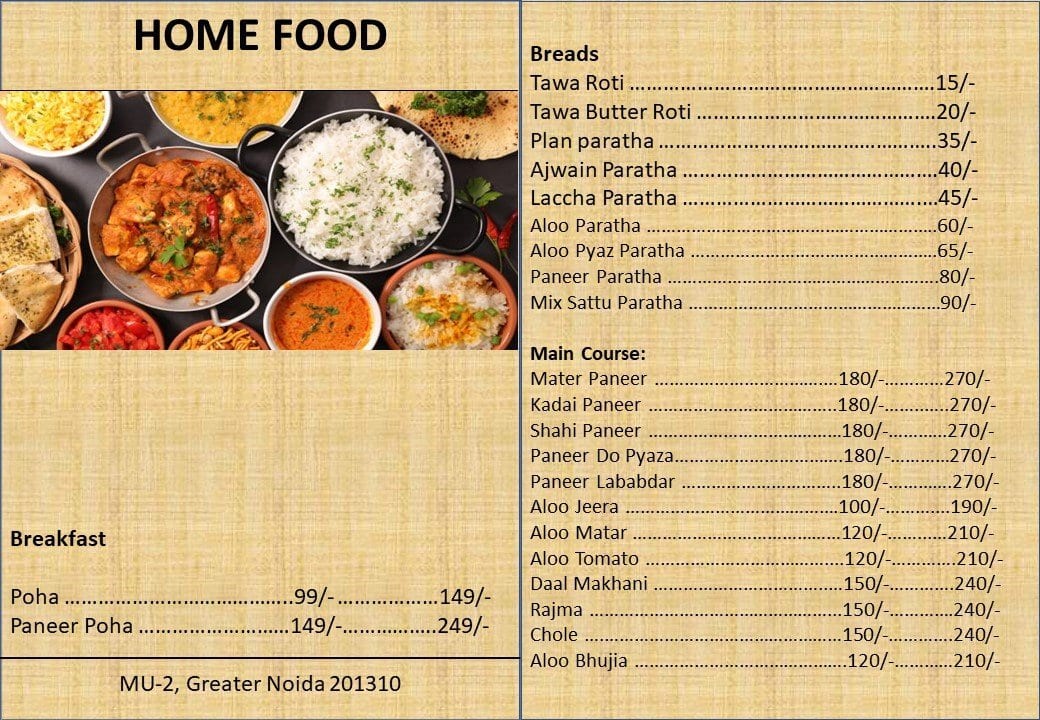 Menu of Home Food, Sigma 2, Greater Noida